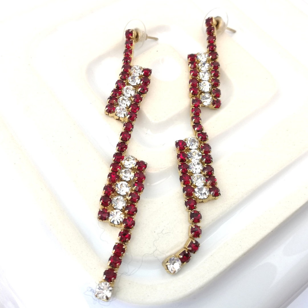 Vintage Long Sparkly Red Rhinestone Drop Earrings Diamante Evening ...