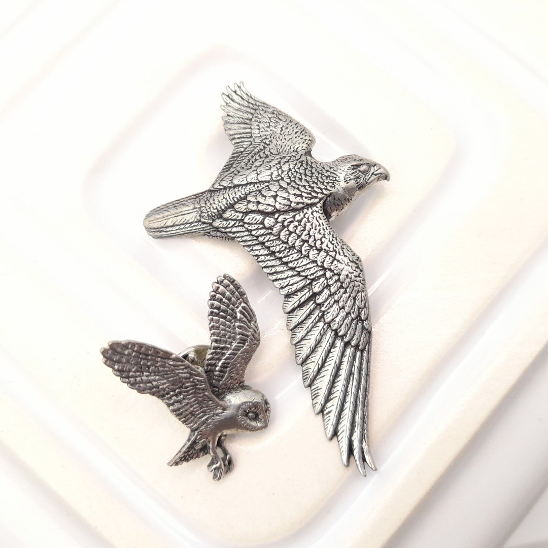 Vintage Pewter Falcon Brooch and Barn Owl Pin AR Brown Jewellery Made ...