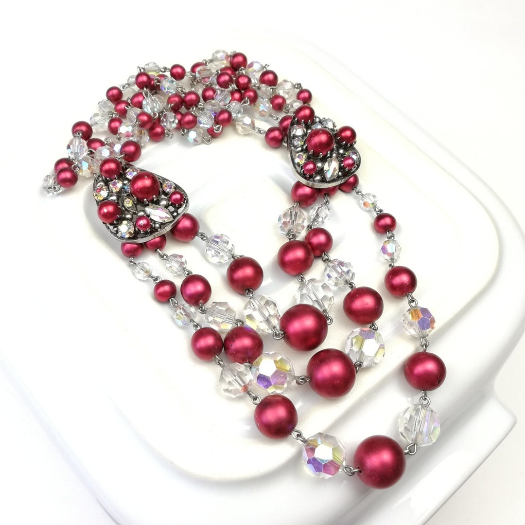 Layered Red Bead Necklace Vintage Side Fastening Necklace - Etsy