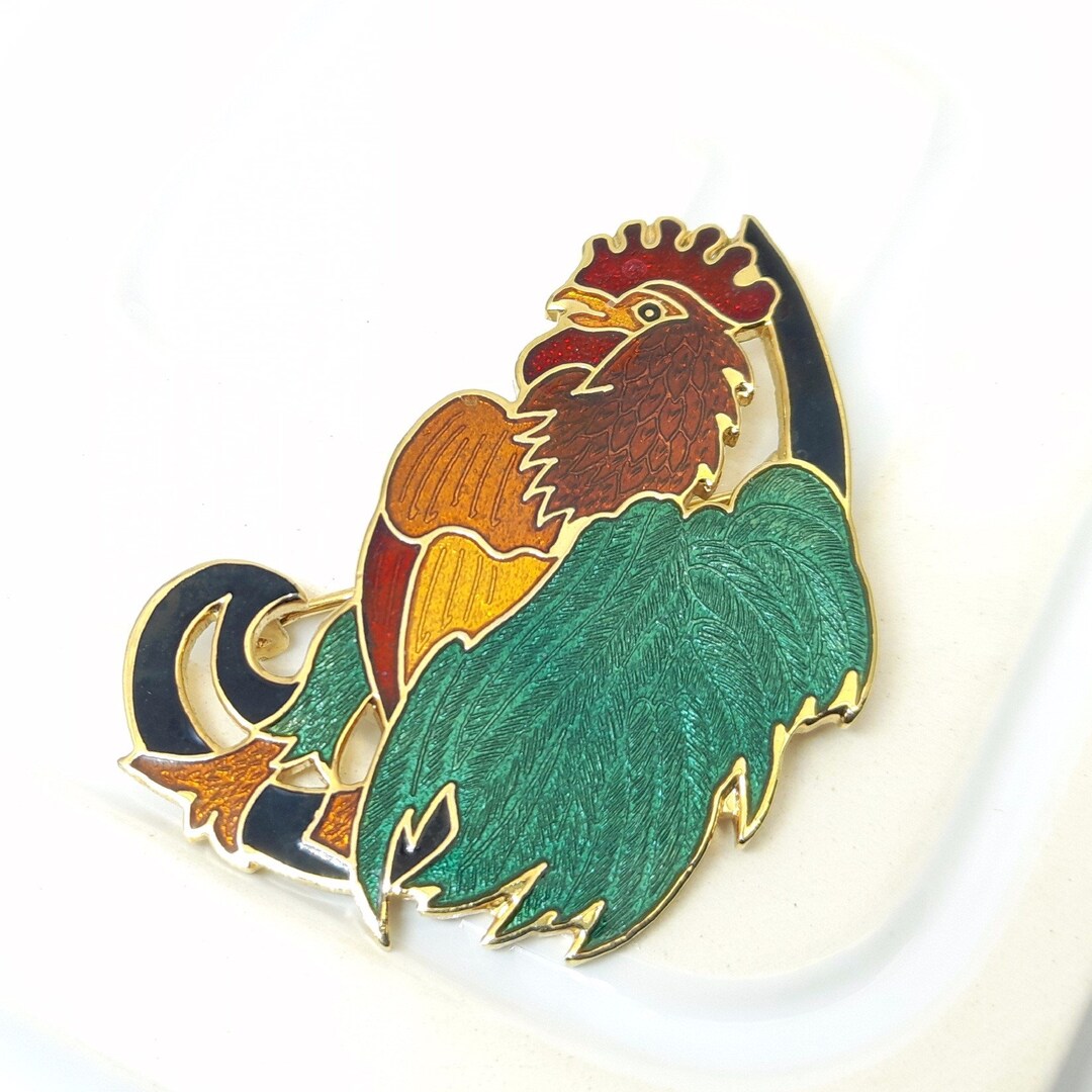 Vintage Cockerel Brooch Cloisonne Enamel Chicken Lapel Pin Chanticleer Brooch Poultry Lover Gift ...