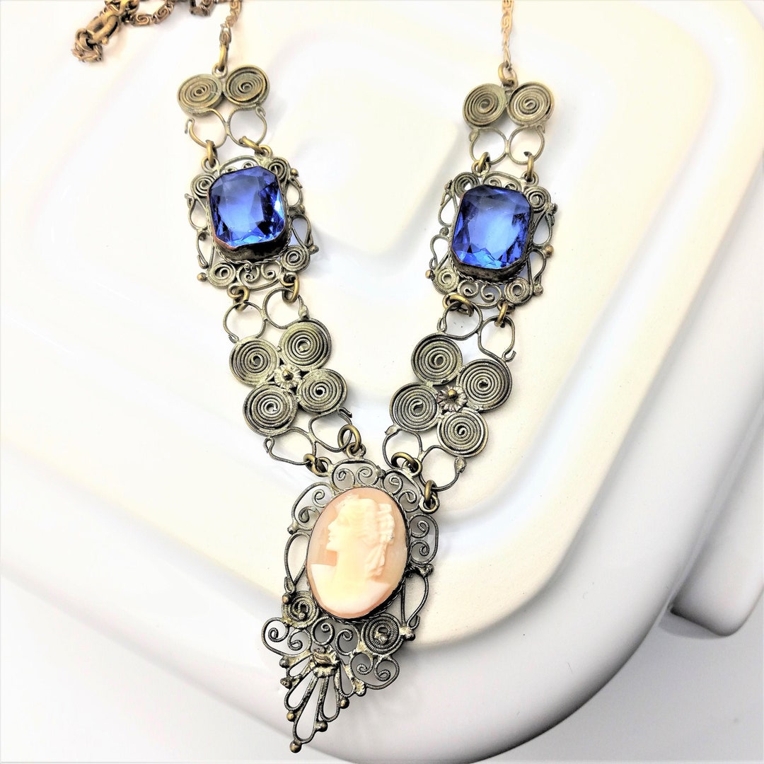 Vintage Cameo Necklace Italian Filigree Pendant Blue Glass Stone ...