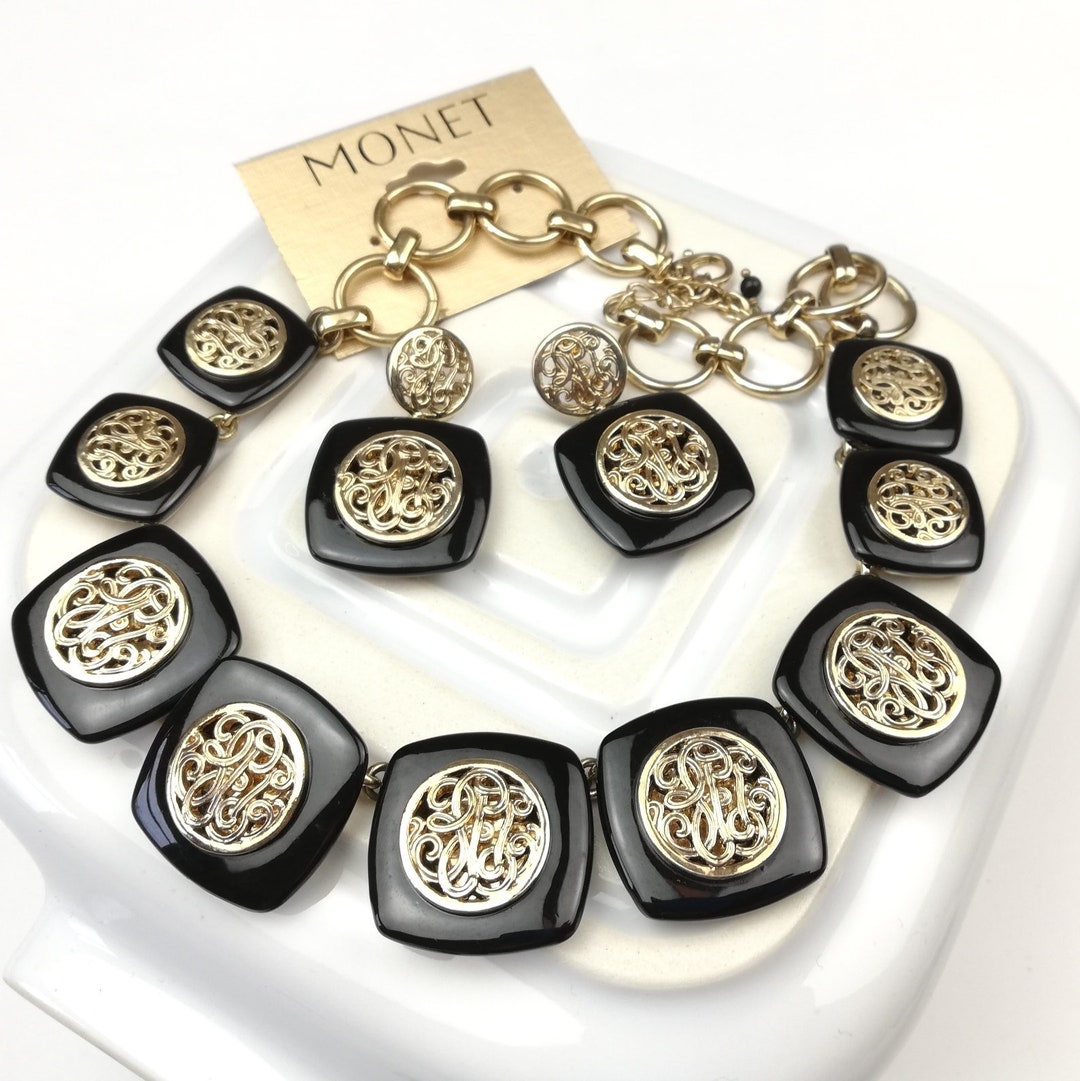 Vintage MONET Statement Jewellery Set Chunky Black Necklace Pierced ...