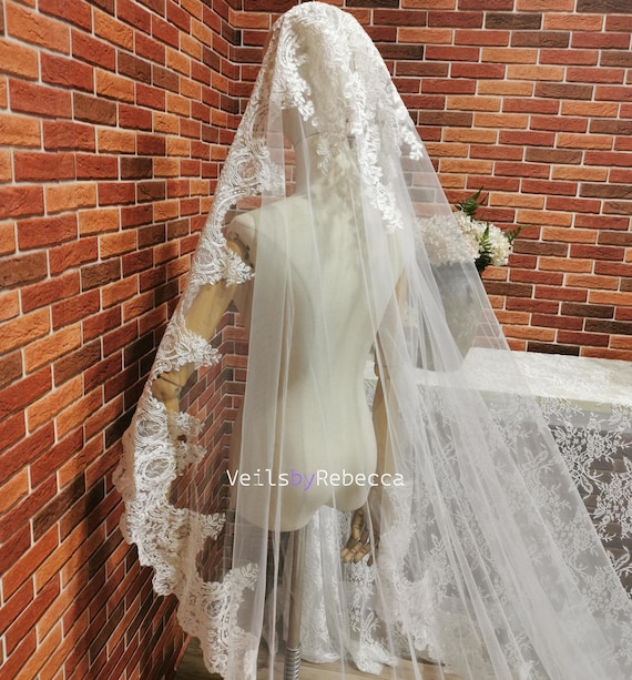1 Tier Wide Embroidery Lace Mantilla Wedding Veil Soft Tulle Ivory Spanish Corded Floral Lace 1st Communion Mantilla Cathedral Wedding Veil Etsy UK