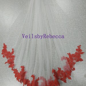 Red Wedding Veil, Red Lace Wedding Veil, Red Lace Fingertip Bridal Veil ...