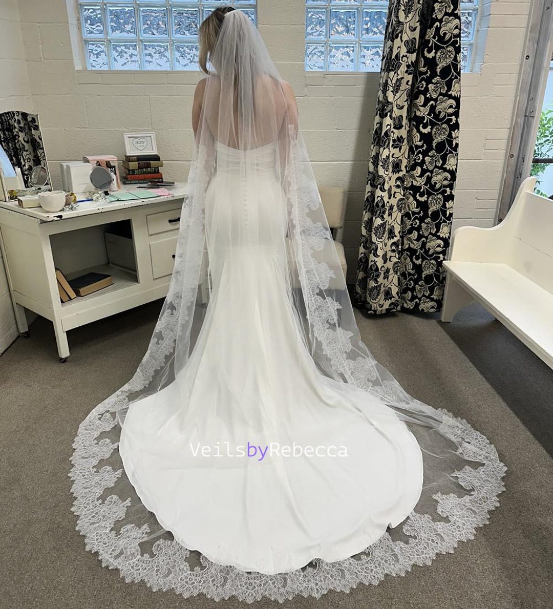 Chantilly Lace Cathedral Wedding Veil V612E: Handmade Bridal Veil, off ...