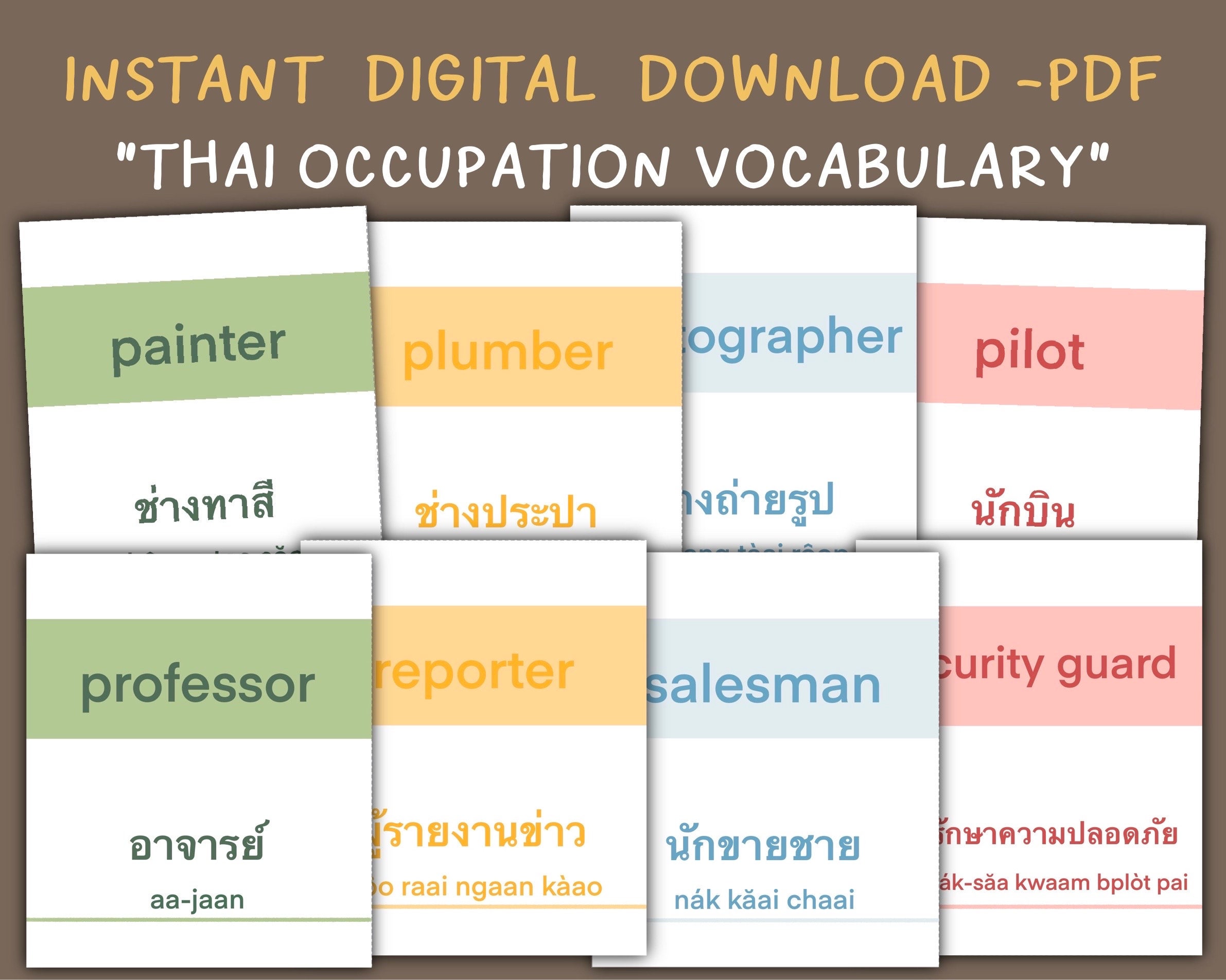Thai Occupation Vocabulary Flashcards Learning Thai - Etsy
