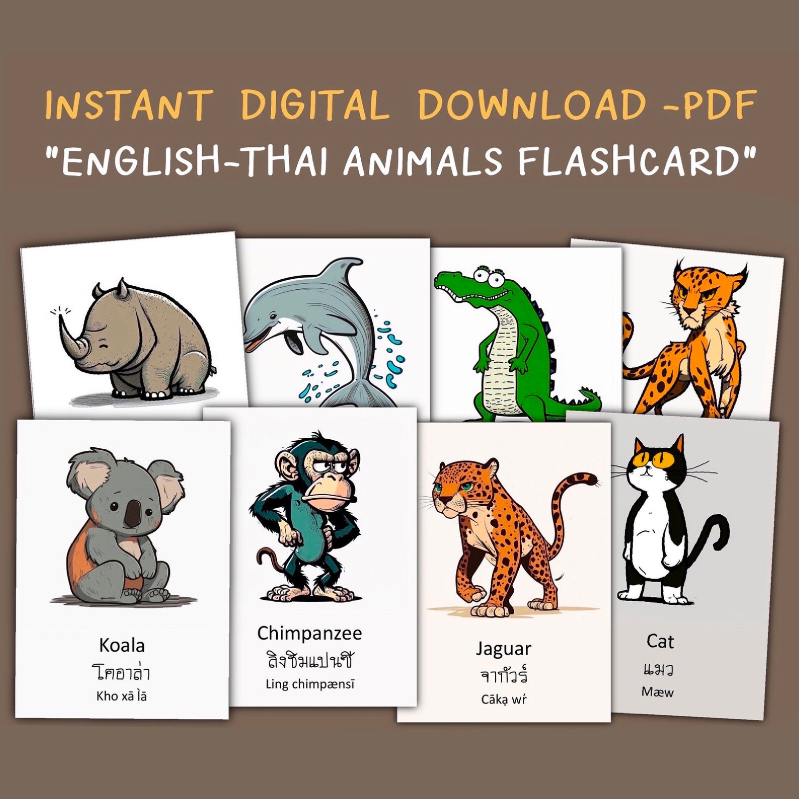 32 English-thai Animals Flash Cards Printable Kindergarten - Etsy