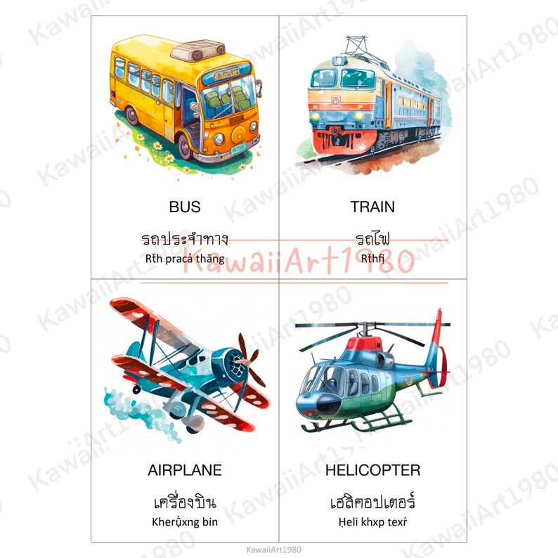 32 English-thai Vehicles Flashcards, Transportation Car Flash Cards ...