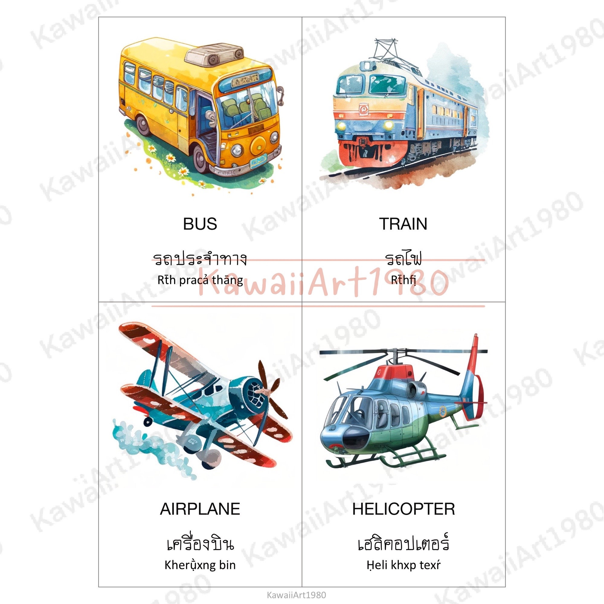 32 English-thai Vehicles Flashcards, Transportation Car Flash Cards ...