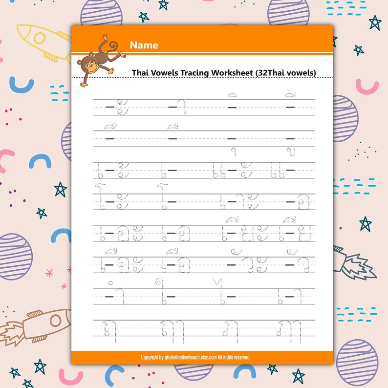 Thai Vowels Tracing Worksheet, Thai Learning, Printable PDF, Instant ...