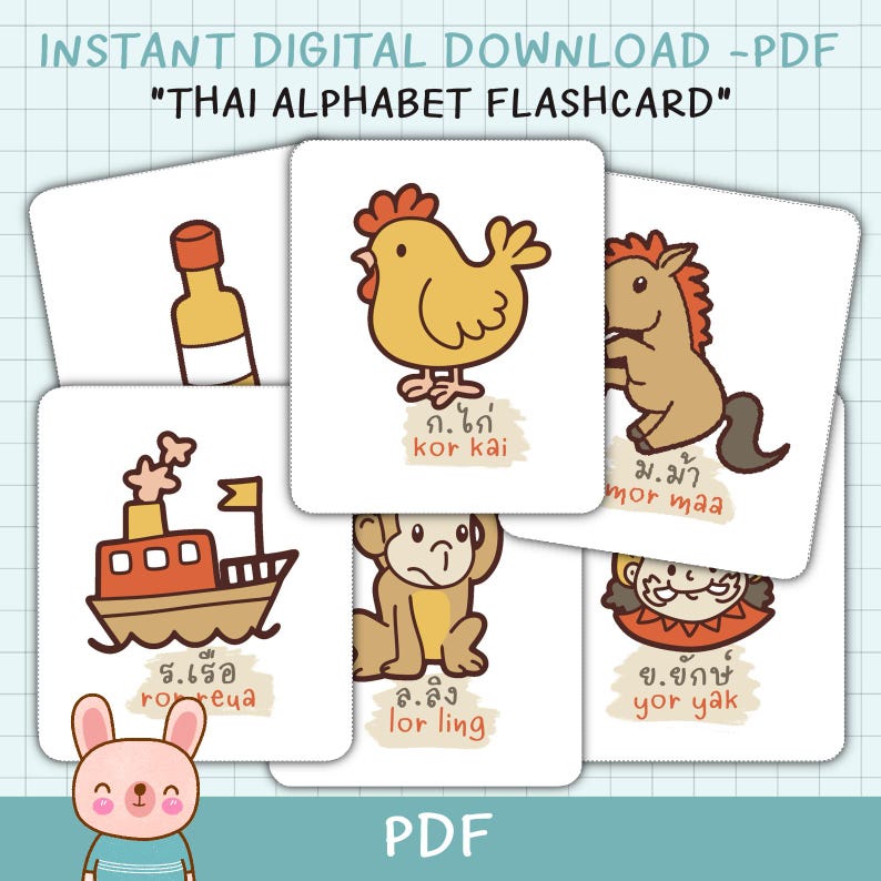 44 Thai Alphabets Flash Card With Picture, Learning Thai, Kor-kai, Thai ...