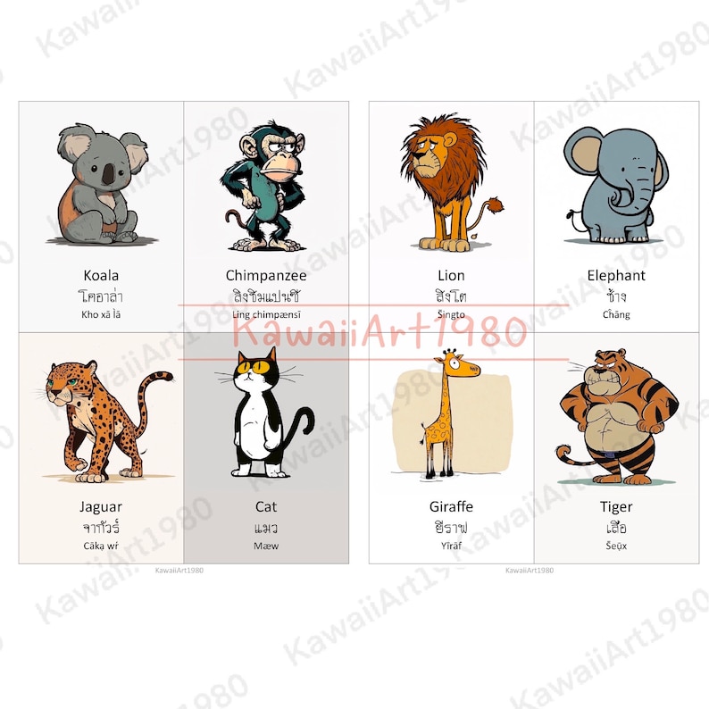 32 English-thai Animals Flash Cards, Printable Kindergarten Animal ...