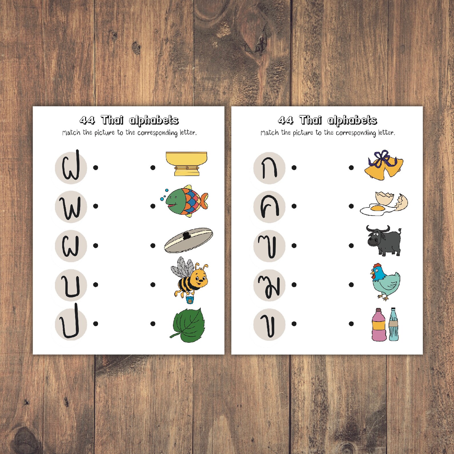 Thai Alphabet, Picture Matching to Letter, Game Worksheet, 44 Alphabets ...