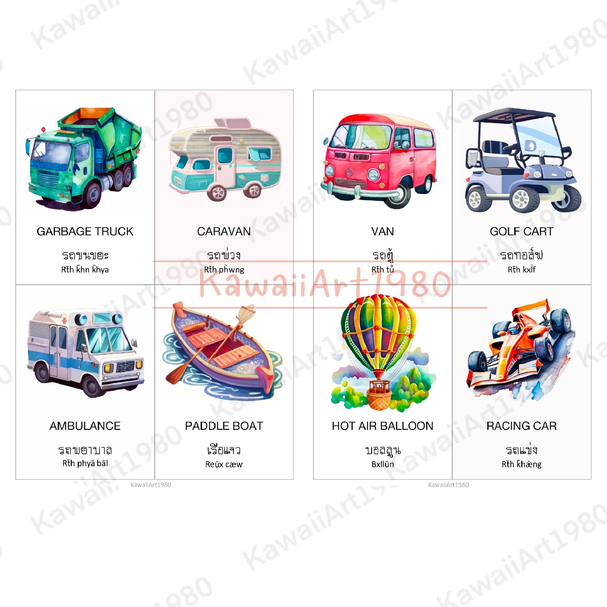 32 English-thai Vehicles Flashcards, Transportation Car Flash Cards ...