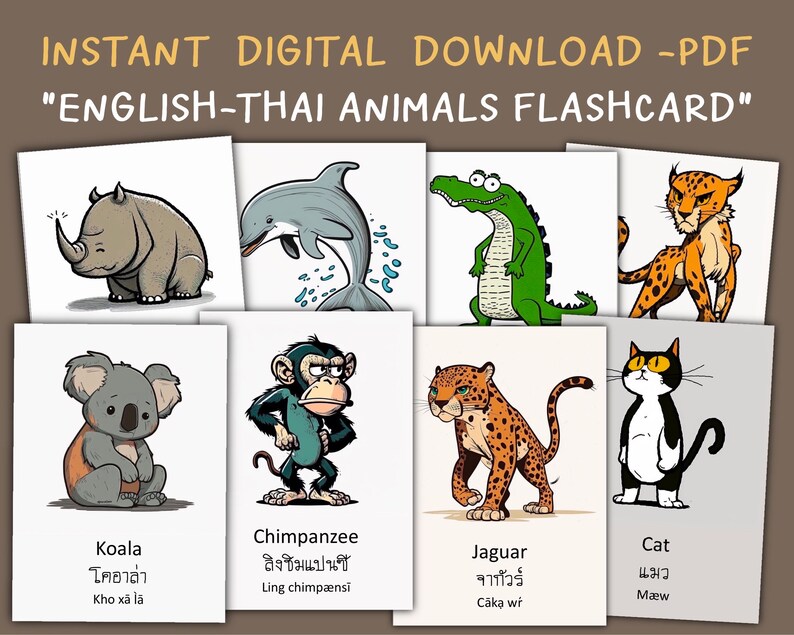 32 English-thai Animals Flash Cards Printable Kindergarten - Etsy