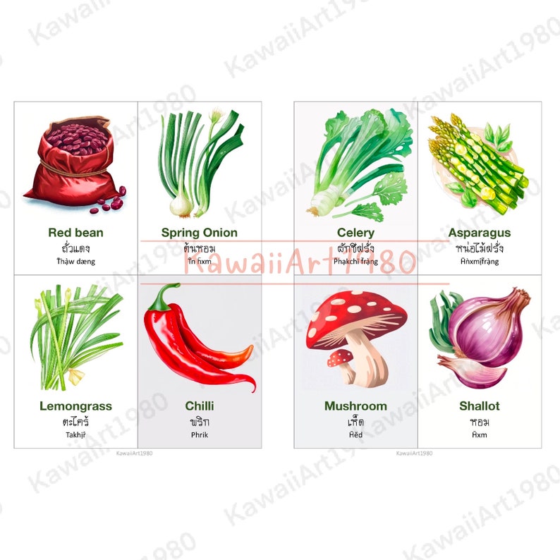 32 English-thai Vegetables Flashcard, Learning Thai, Montessori ...