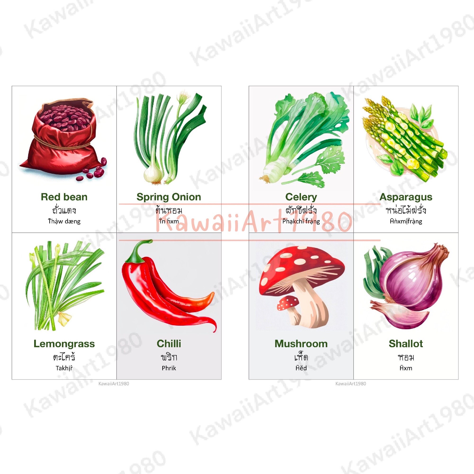 32 English-thai Vegetables Flashcard, Learning Thai, Montessori ...