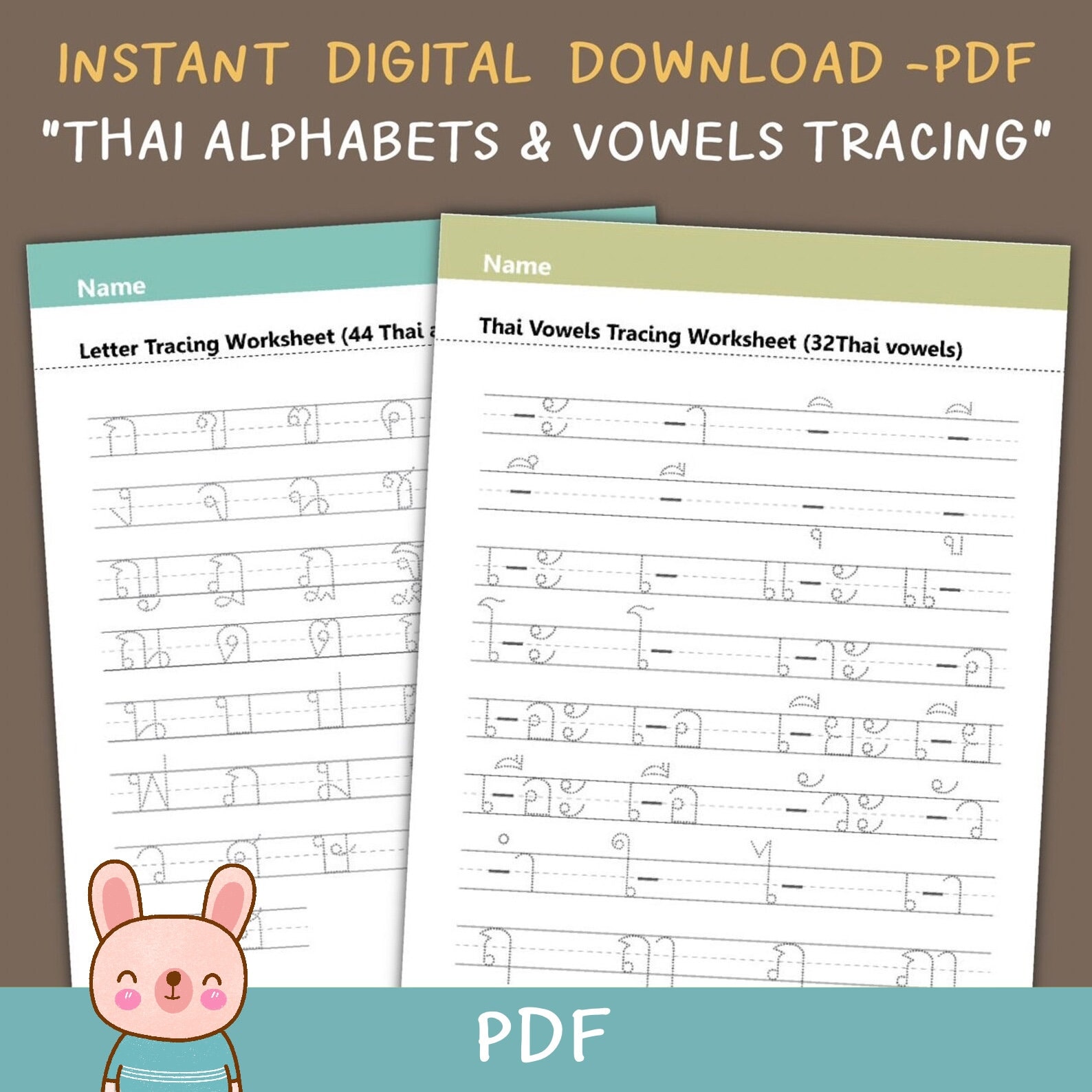 Thai Alphabets & Vowels Tracing Worksheet, Printable PDF, Instant ...