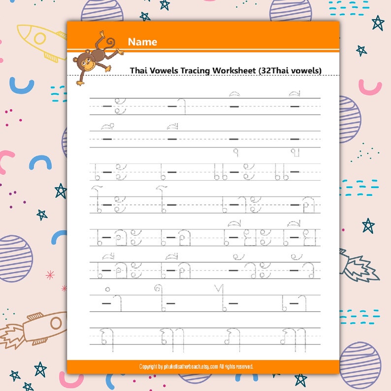 Thai Vowels Tracing Worksheet, Thai Learning, Printable PDF, Instant ...
