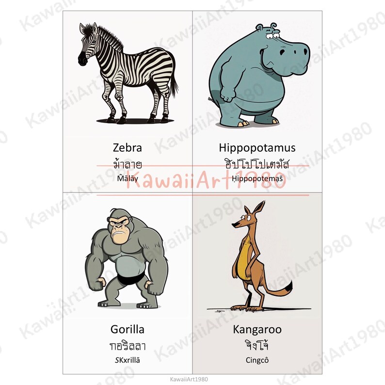 32 English-thai Animals Flash Cards, Printable Kindergarten Animal ...