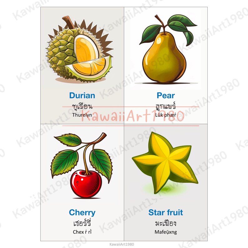 32 English-thai Fruits Flashcards, Learning Thai, Flashcards Pdf ...