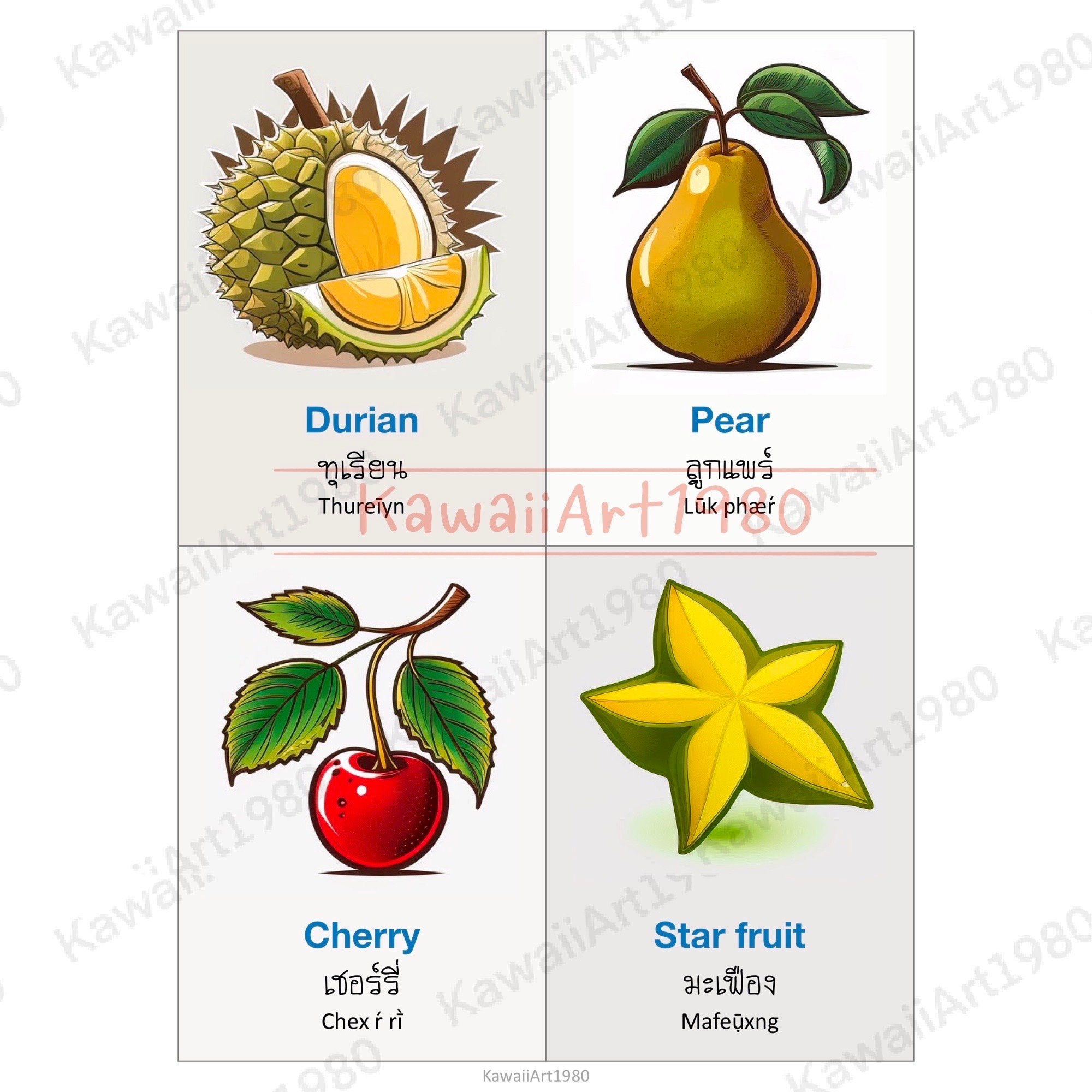 32 English-thai Fruits Flashcards, Learning Thai, Flashcards Pdf ...