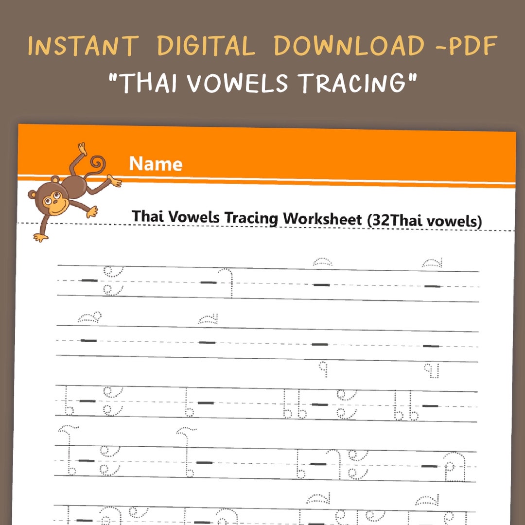 Thai Vowels Tracing Worksheet, Thai Learning, Printable PDF, Instant ...