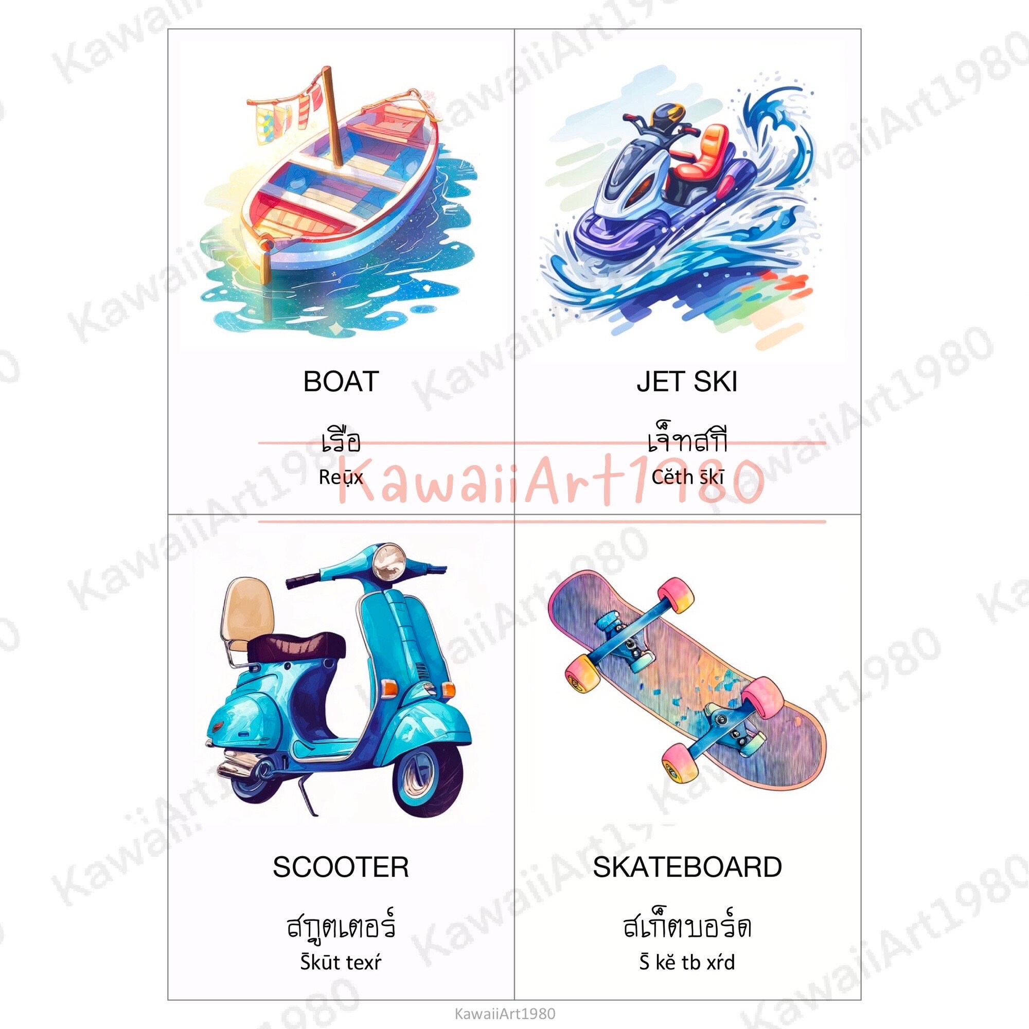 32 English-thai Vehicles Flashcards, Transportation Car Flash Cards ...