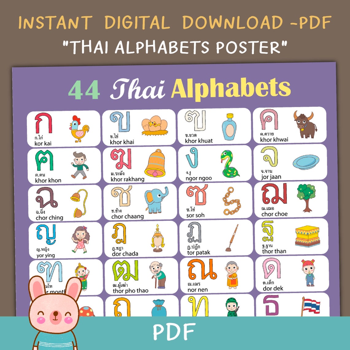 Thai Alphabets Poster, High Resolution PDF, Learning Thai, Instant ...