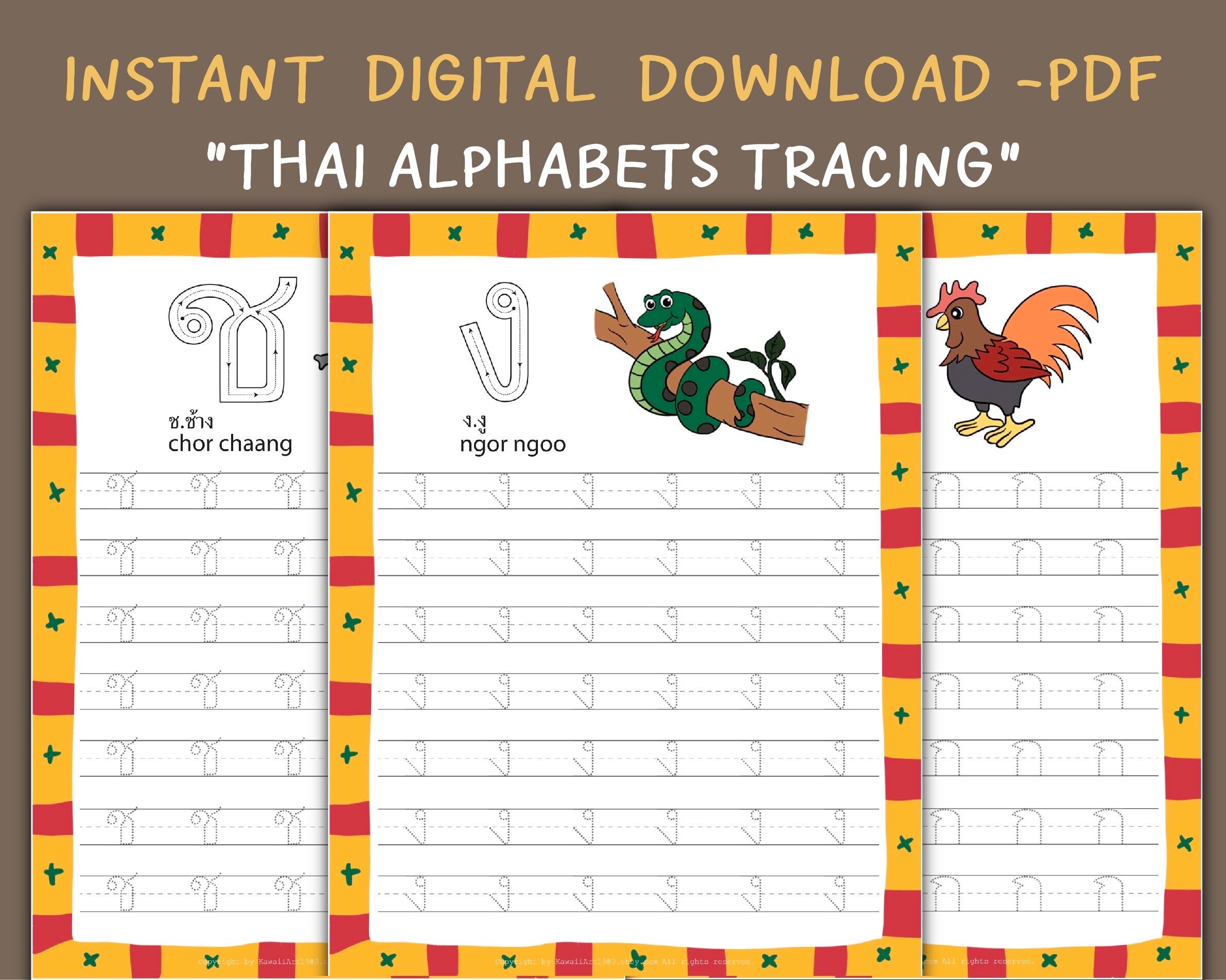 Thai Alphabets Tracing Worksheet Thai Learning Language - Etsy