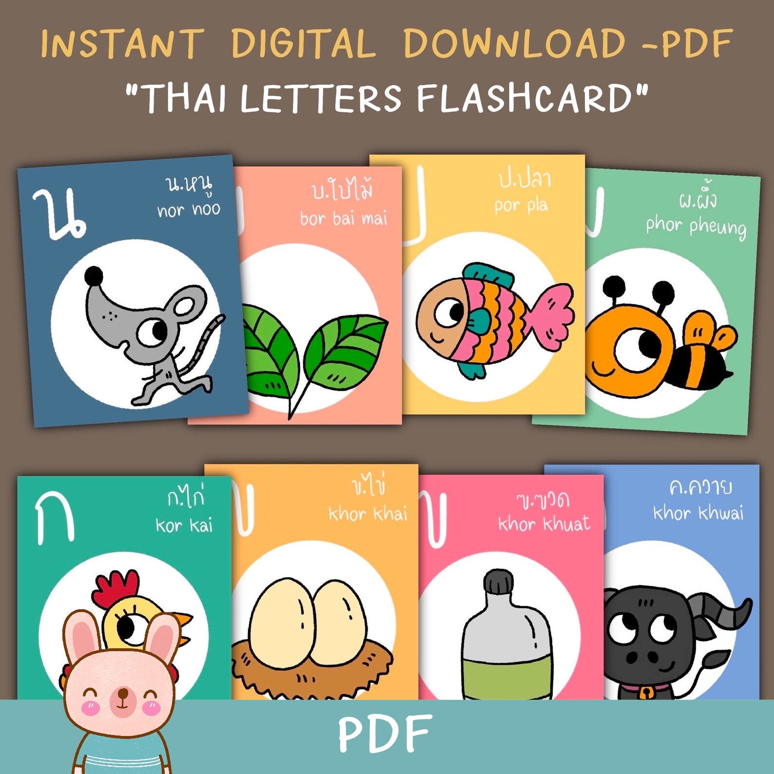 Thai Letters Flash Card With Cute Picture, Learning Thai, Kor-kai, Thai ...