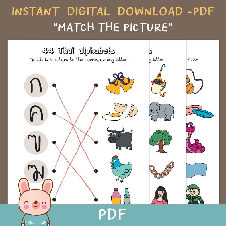 Thai Alphabet, Picture Matching to Letter, Game Worksheet, 44 Alphabets ...