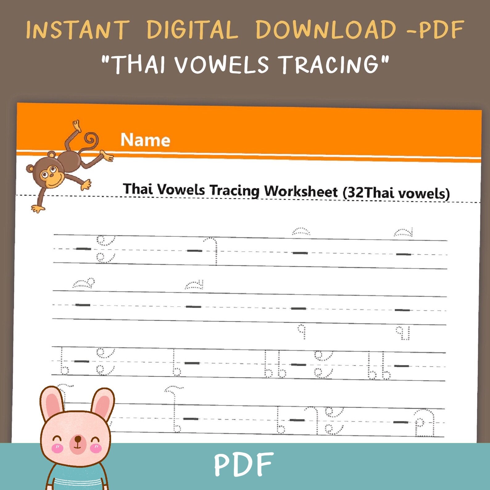 Thai Vowels Tracing Worksheet, Thai Learning, Printable PDF, Instant ...