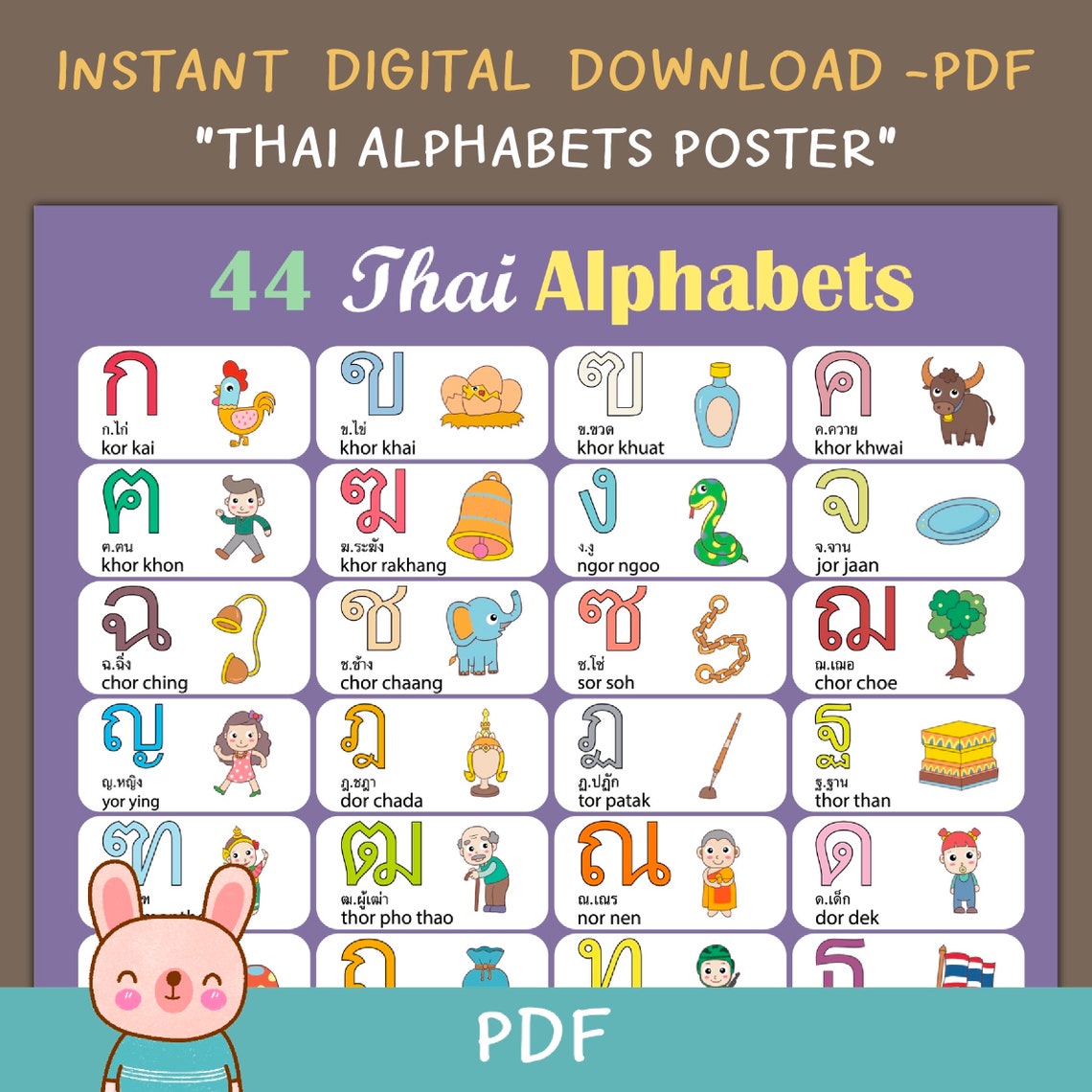 Thai Alphabets Poster, High Resolution PDF, Learning Thai, Instant ...