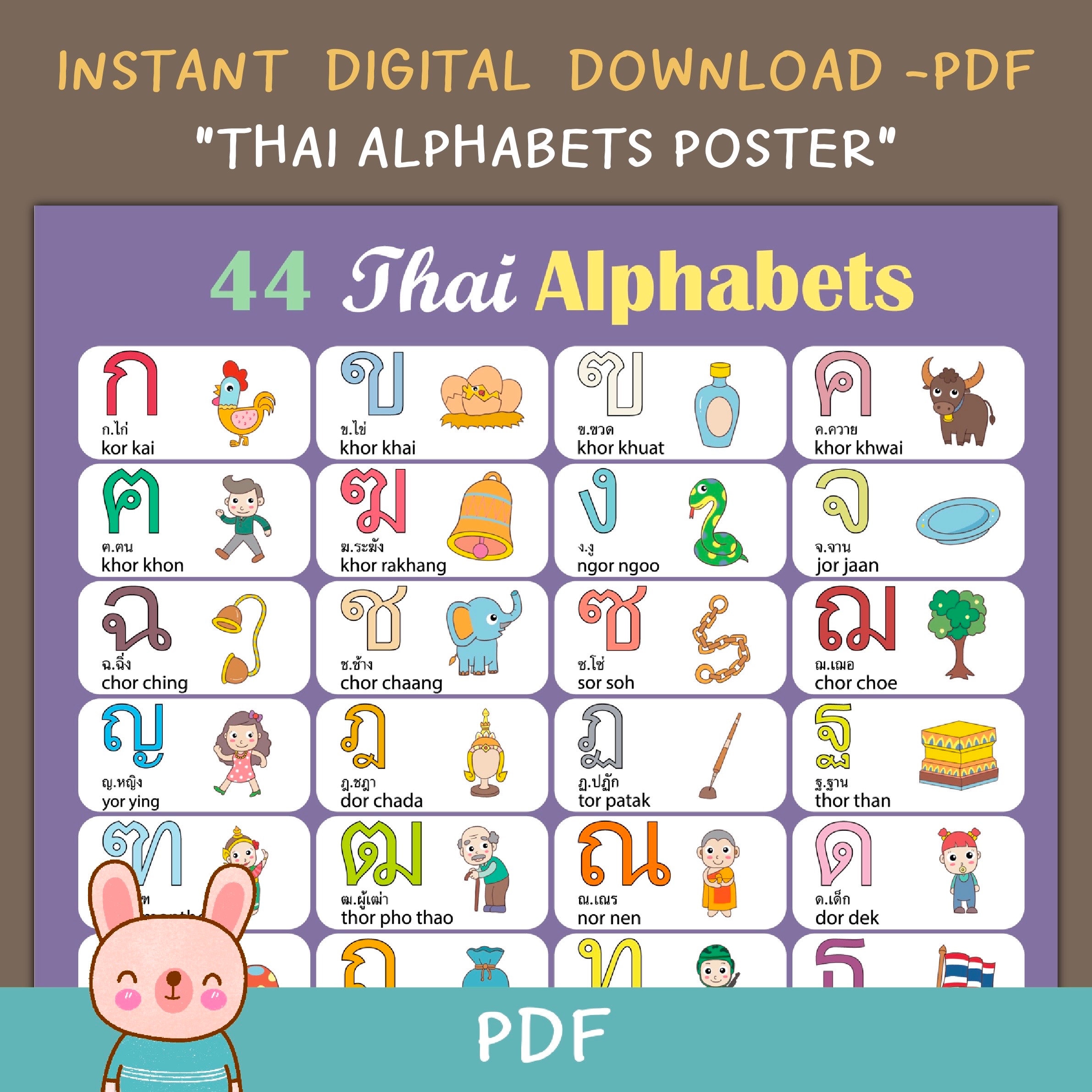 Thai Alphabets Poster, High Resolution PDF, Learning Thai, Instant ...