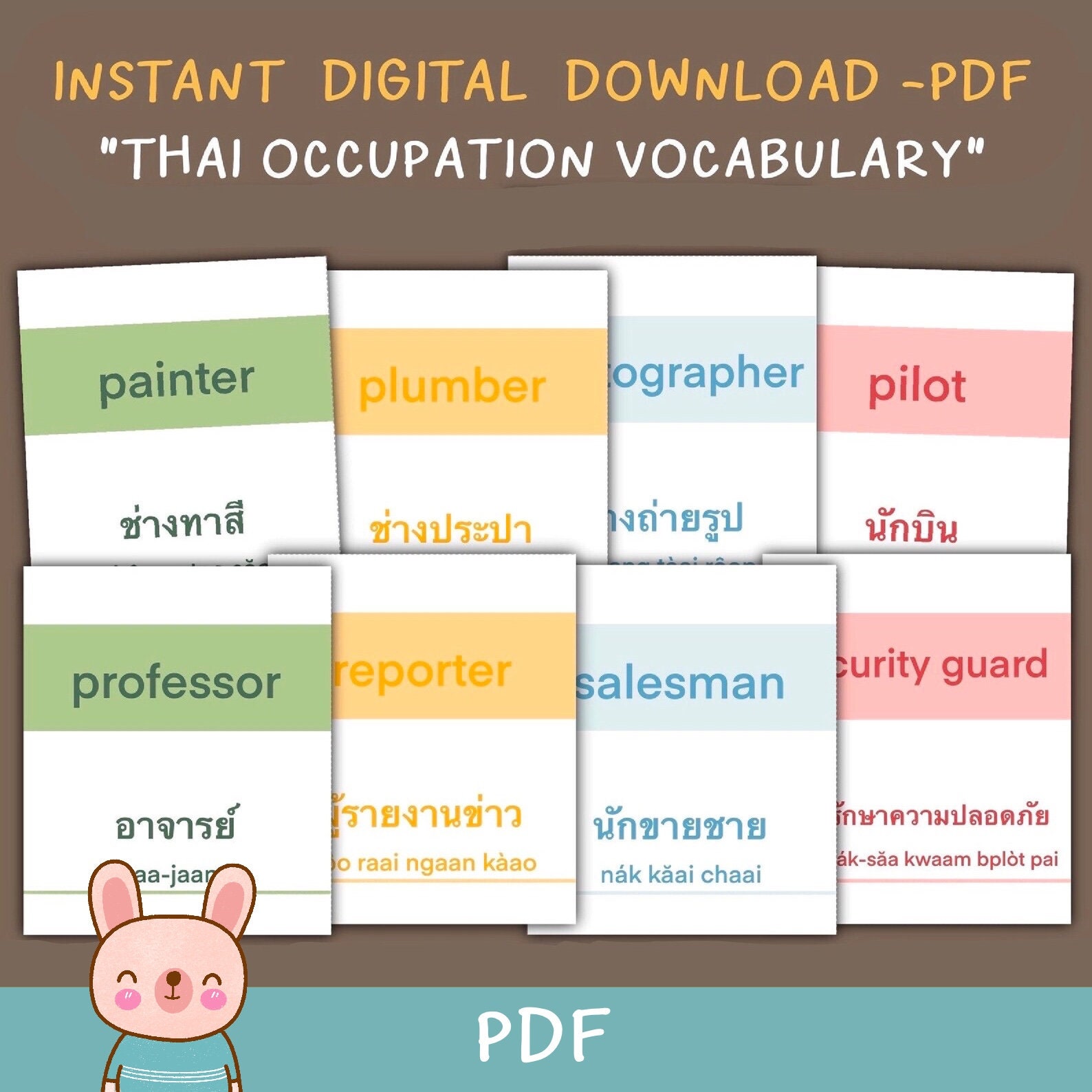 Thai Occupation Vocabulary Flashcards, Learning Thai Vocabulary, for ...