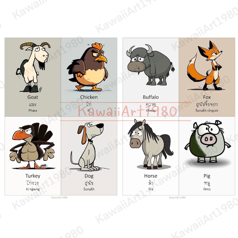 32 English-thai Animals Flash Cards, Printable Kindergarten Animal ...