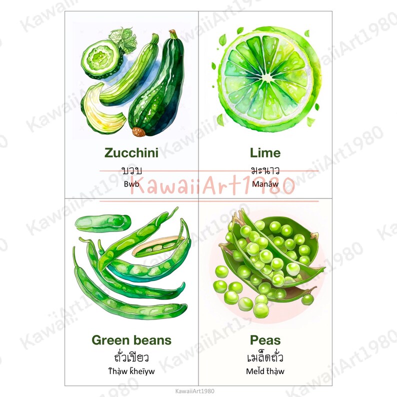 32 English-thai Vegetables Flashcard, Learning Thai, Montessori ...