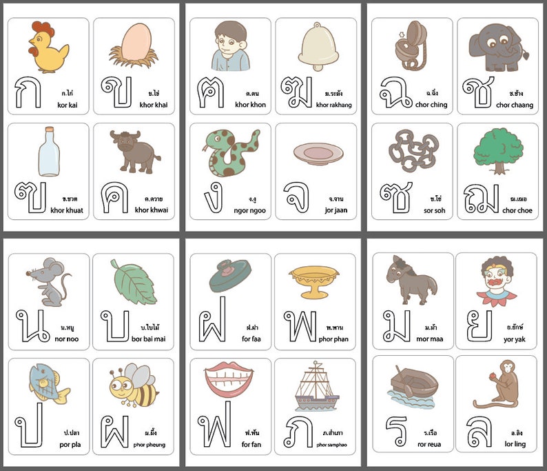 44 Thai Letters Flash card with pictureThai LanguageLearning | Etsy