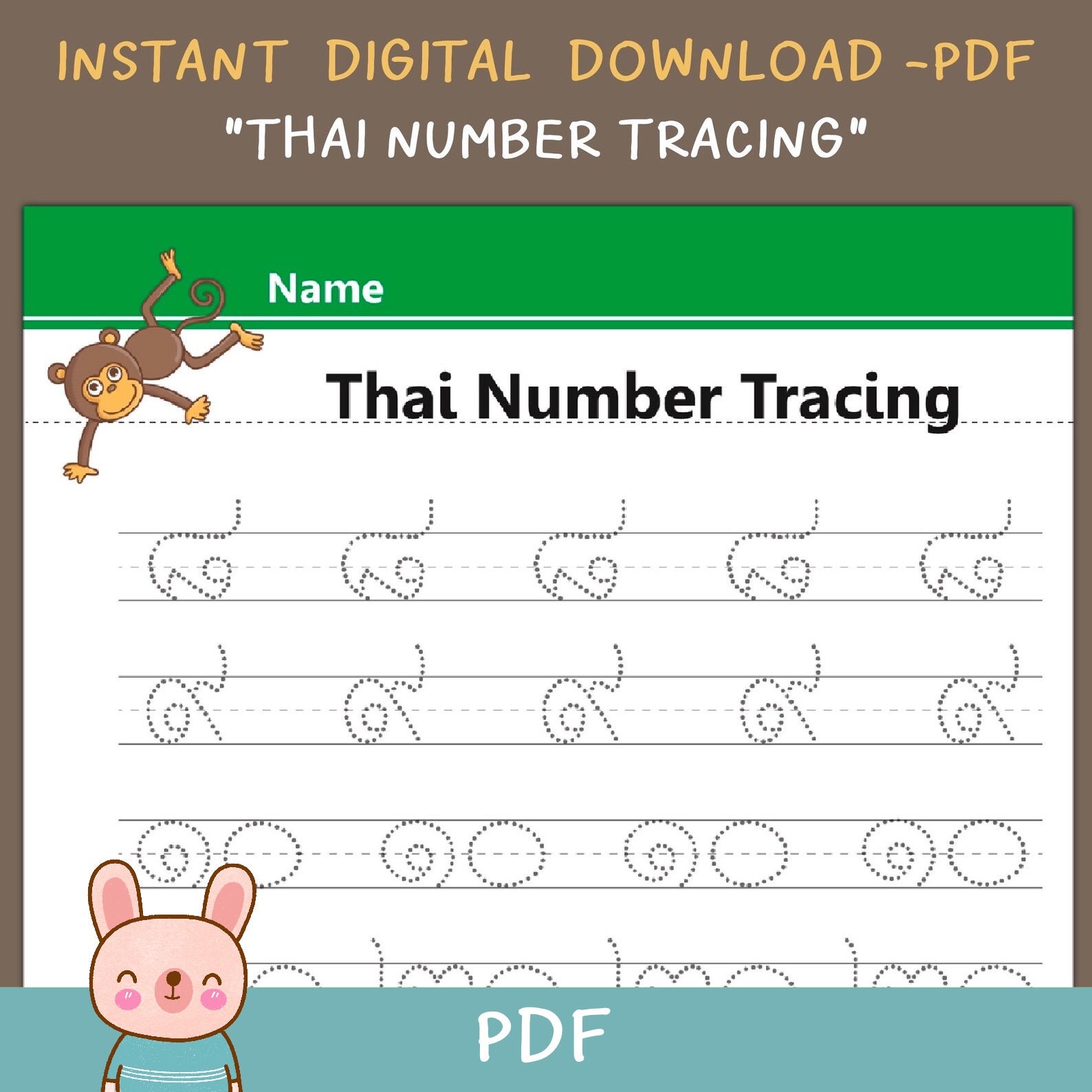 Thai Number Tracing Worksheet, Printable PDF, Instant Download ...