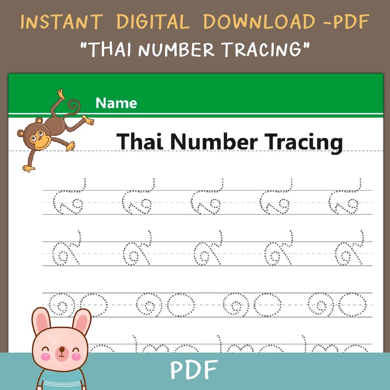 Thai Number Tracing Worksheet, Printable PDF, Instant Download ...