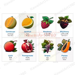 32 English-thai Fruits Flashcards, Learning Thai, Flashcards Pdf ...