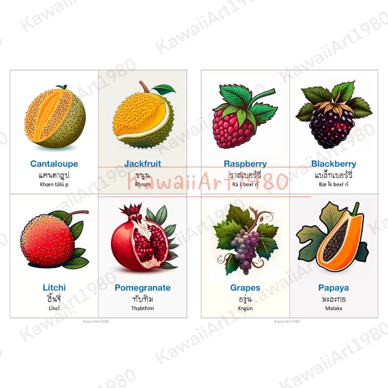 32 English-thai Fruits Flashcards, Learning Thai, Flashcards Pdf ...