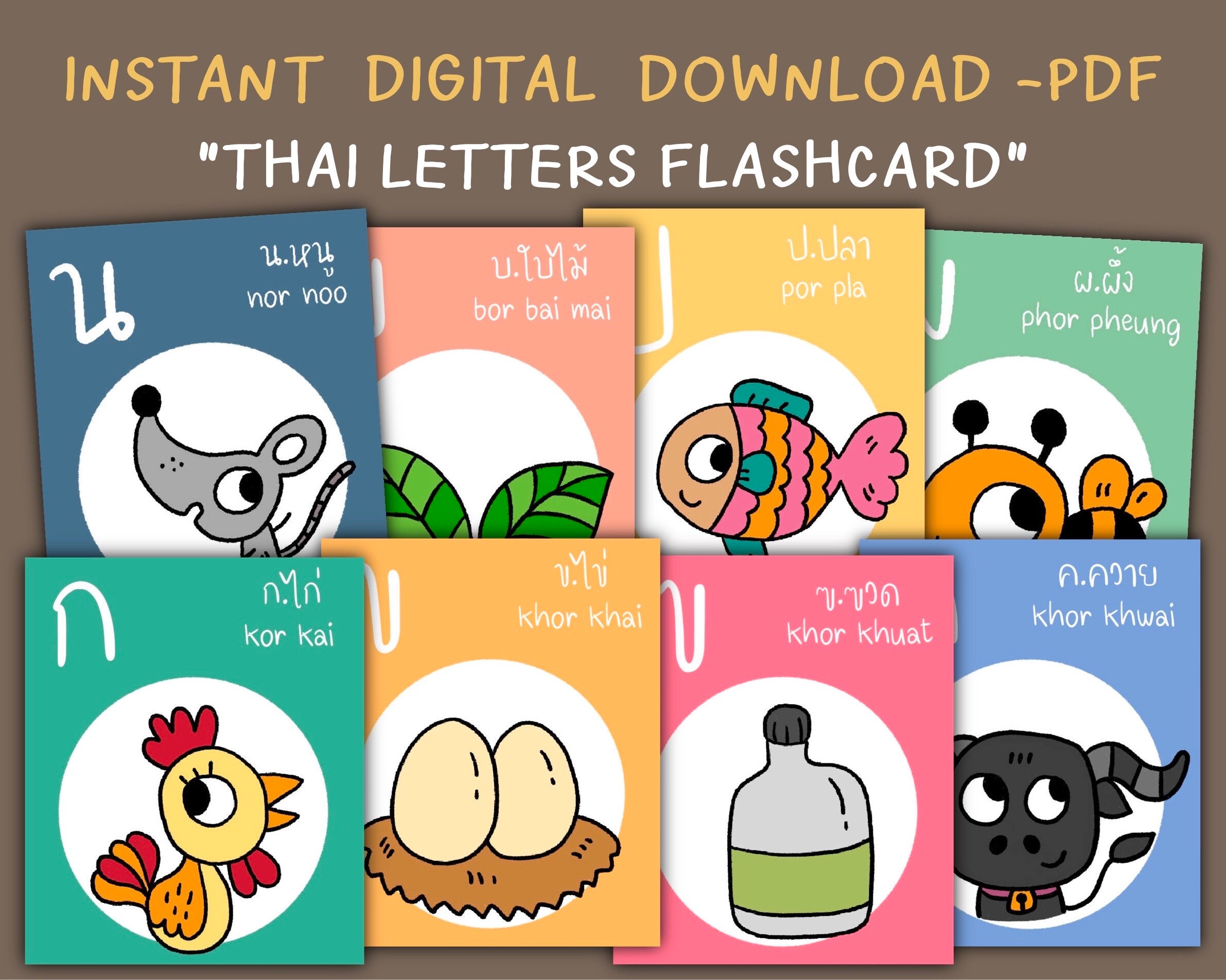 Thai Letters Flash Card With Cute Picture Learning Thai - Etsy