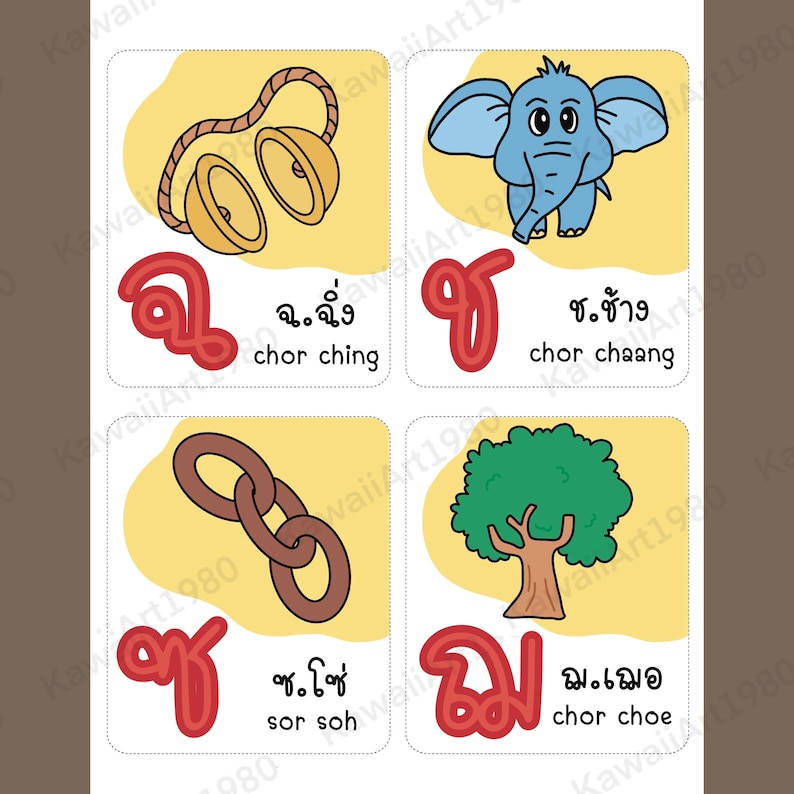 Thai Alphabets Flash Card With Picture, Learning Thai, for Kids ...