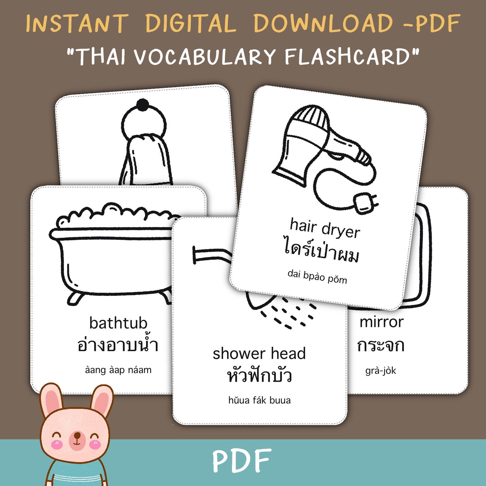 20 English-thai Bathroom Flashcards, Learning Thai, Flashcards Pdf ...