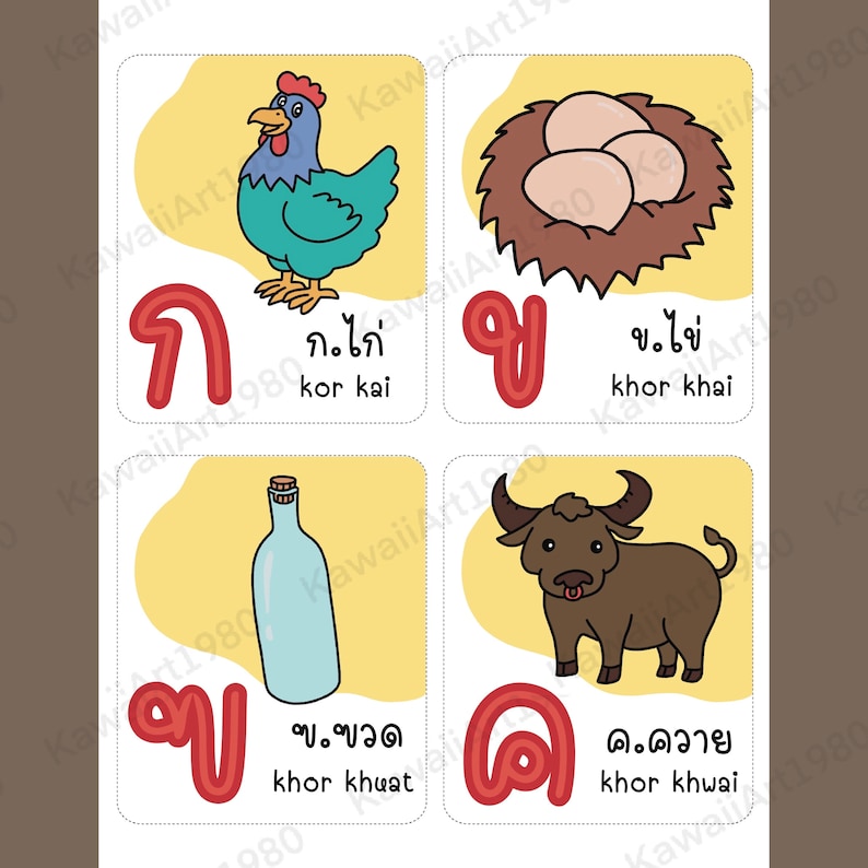 Thai Alphabet Flash Cards With Pictures: Learning for Kids (PDF) - Etsy