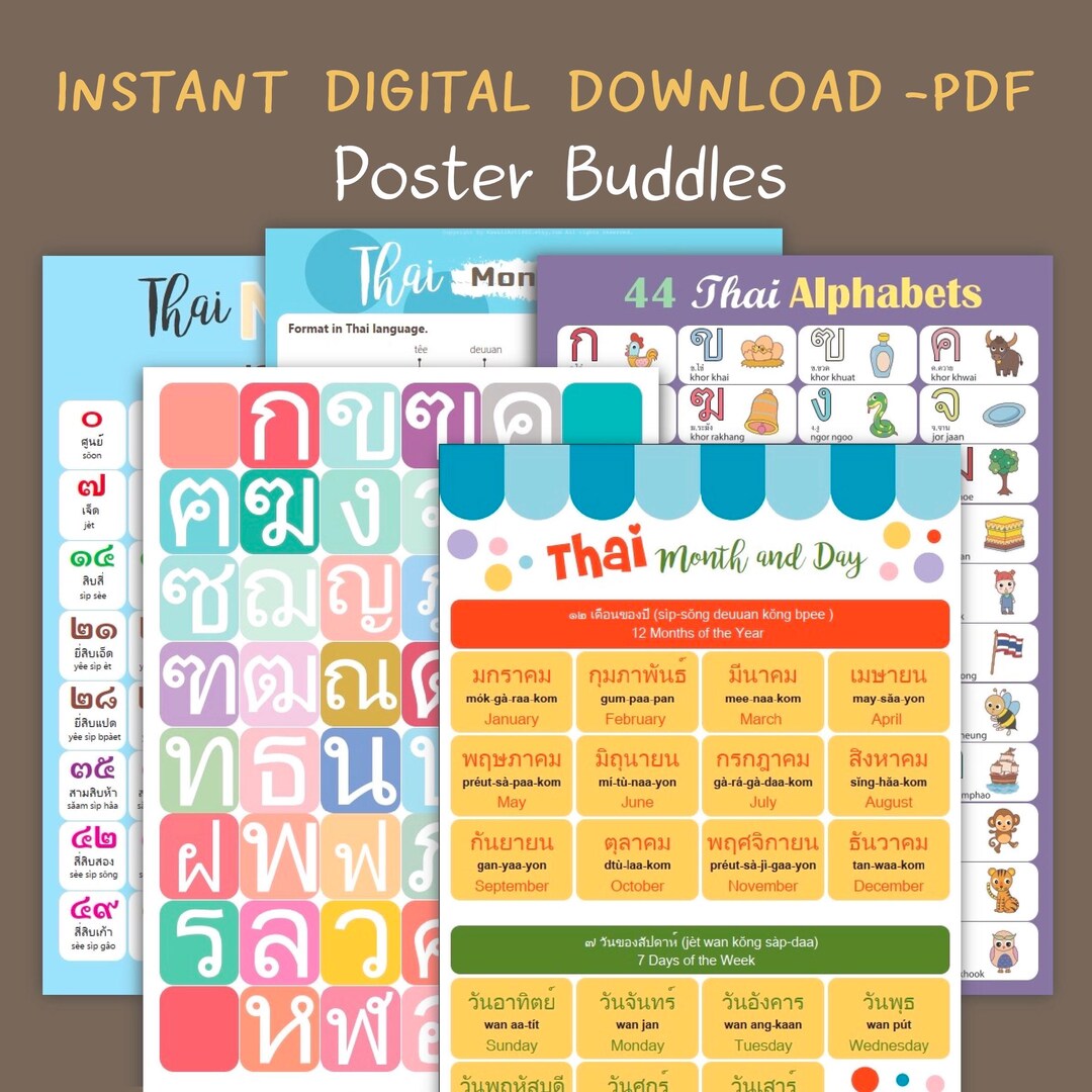 Bundle 5 Posters, High Resolution PDF, Learning Thai, Instant Download ...