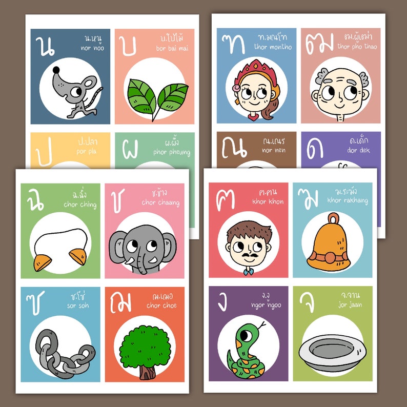 Thai Letters Flash Card With Cute Picture, Learning Thai, Kor-kai, Thai ...