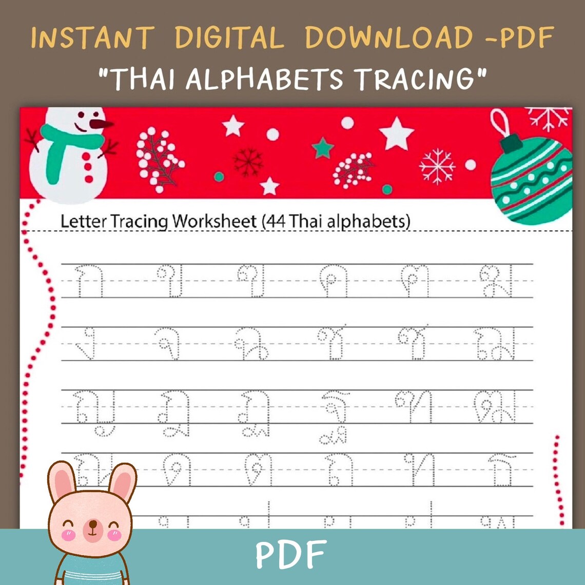 Thai Alphabets, Letters Tracing Worksheet, Merry X'mas Theme, Printable ...